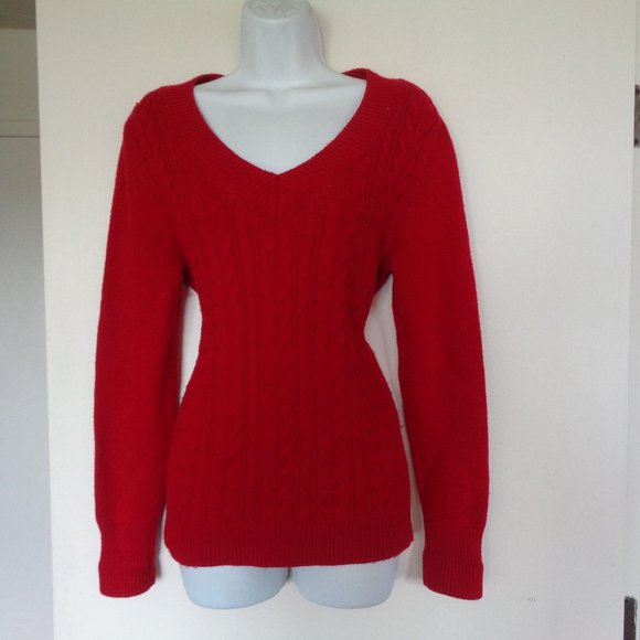 Talbots | Sweaters | Talbots Nylon Wool Red Vneck Cable Knit Sweater Mp ...